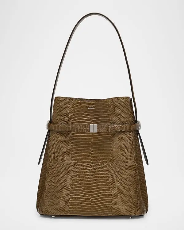TOTÊME Belted Lizard-embossed Leather Bucket Bag - Dark Olive 244