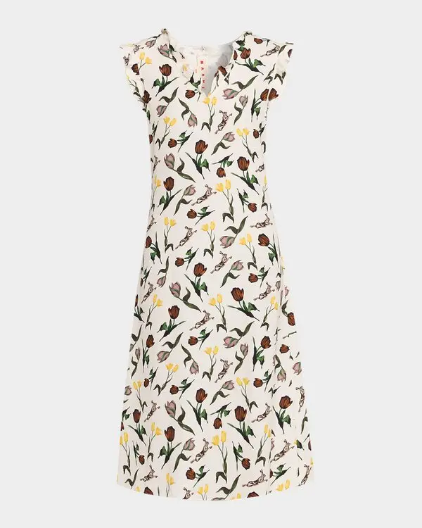 Marni Floral Ruffle V-neck Midi Dress - Multicolou