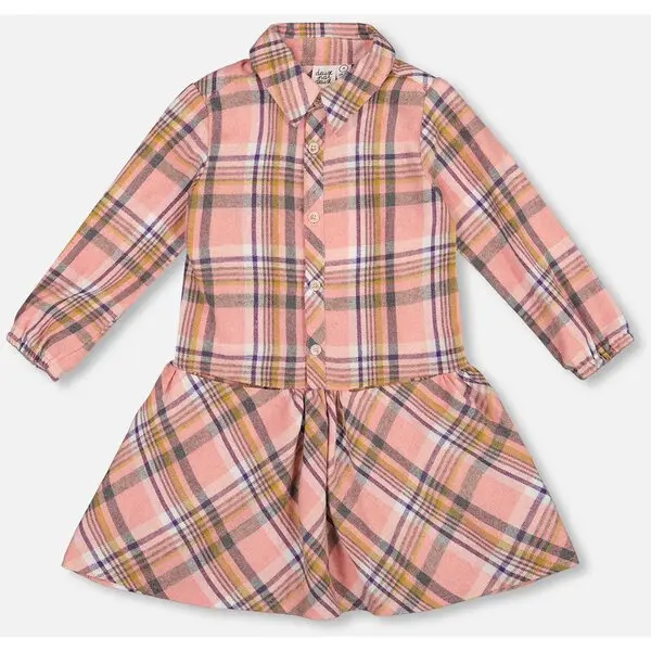 DEUX PAR DEUX Plaid Flannel Shirt Dress With Frill - Pink, Yellow And Gray
