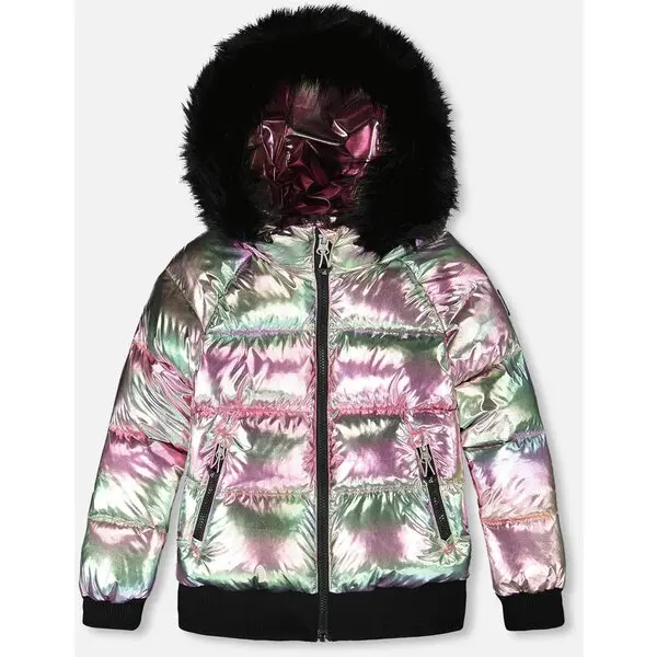 DEUX PAR DEUX Quilted Metallic Bomber Winter Coat - Black And Multicolor