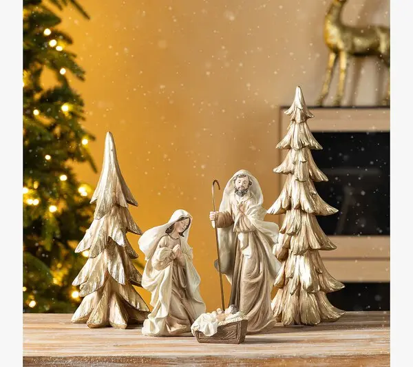 GLITZHOME Set Of 5 Gold Resin Holy Family With Hristmas Trees