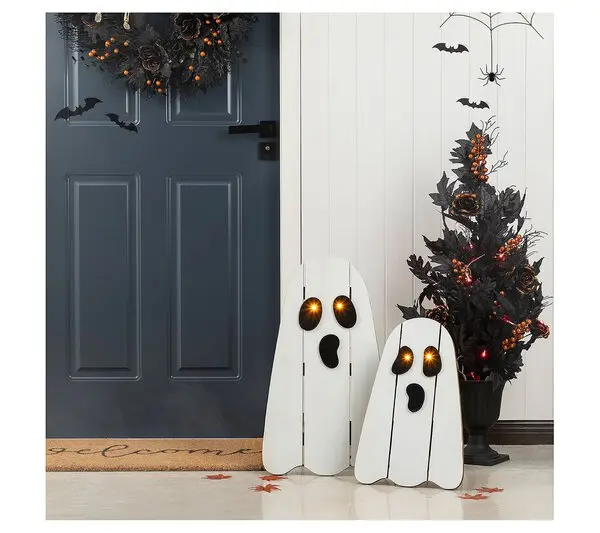 GLITZHOME 24' Halloween Lighted Wooden Ghosts P Orch Decor S/2