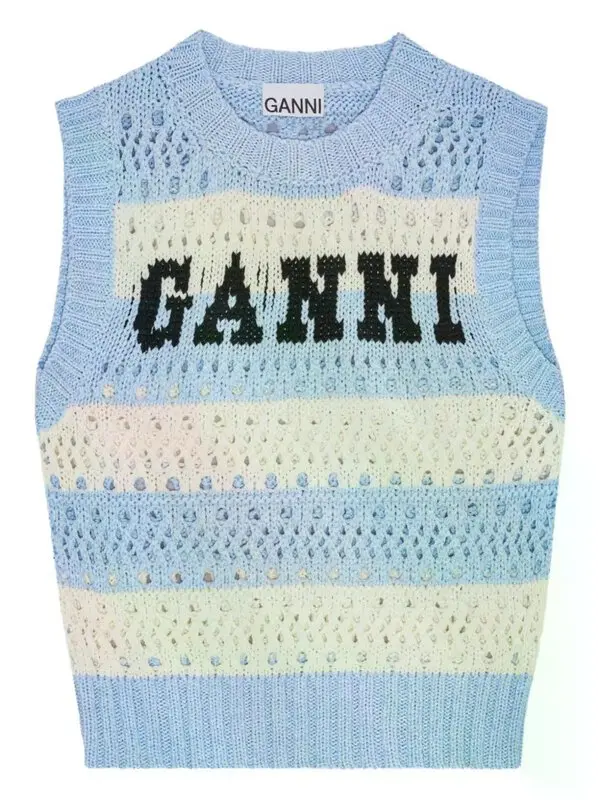 Ganni Crochet-Knitted Striped Top Blue Editorialist