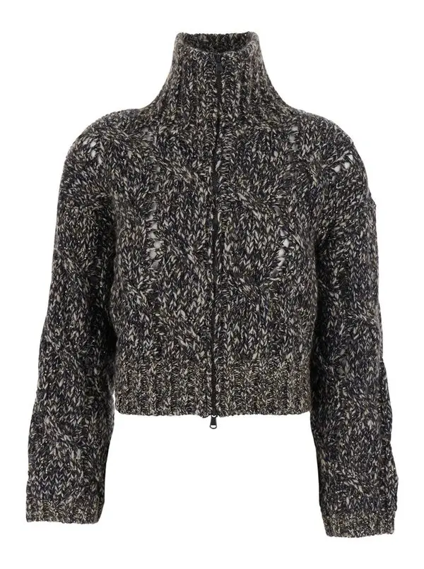 Brunello Cucinelli Cardigan With High Collar And Woven Knit - Blue