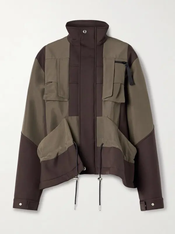 Sacai Draped Paneled Scuba And Cotton-blend Grosgrain Jacket - Brown