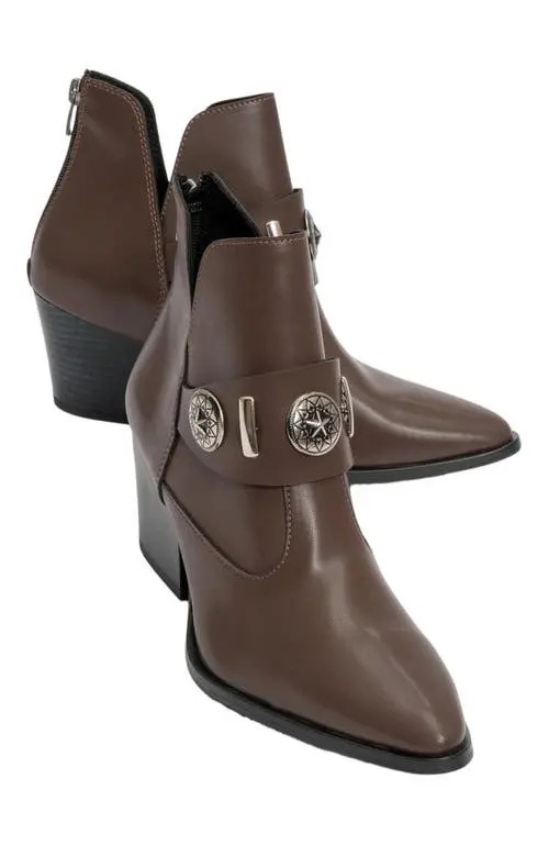PROLOGUE SHOES Kenda Buckle Block Heel Boots - Brown Faux Leather