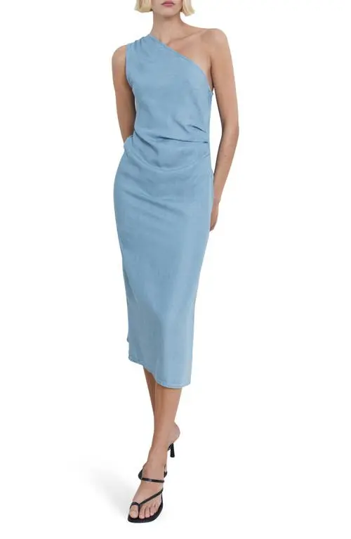 Mango Pleated One-shoulder Chambray Dress