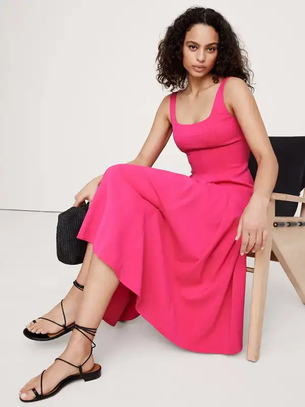 Banana Republic Stretch-Sateen Square-Neck Midi Dress - Hot Pink |  Editorialist