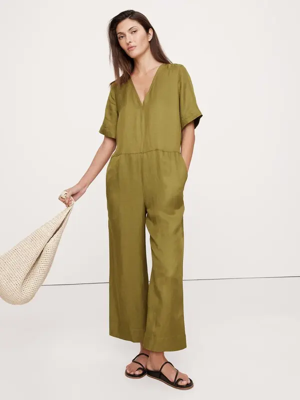 Banana Republic Viscose-linen Wide-leg Jumpsuit - Tree Moss Green