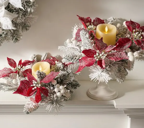 VALERIE PARR HILL Set Of 2 Flocked Poinsettia Candle Rings Valerie