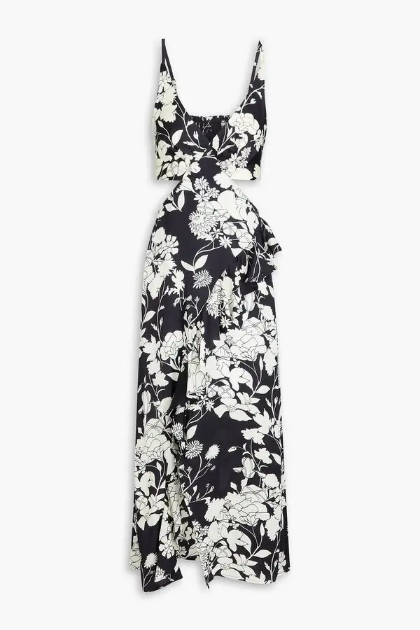 Maje Floral-print Satin Midi Dress With Cutout