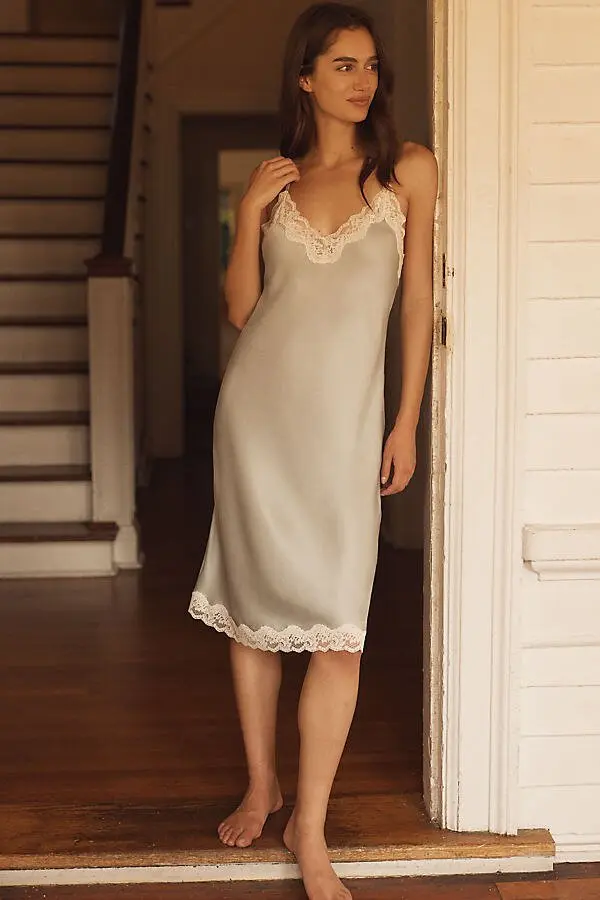 PAPINELLE Annabelle Sat Lace Slip - Moss