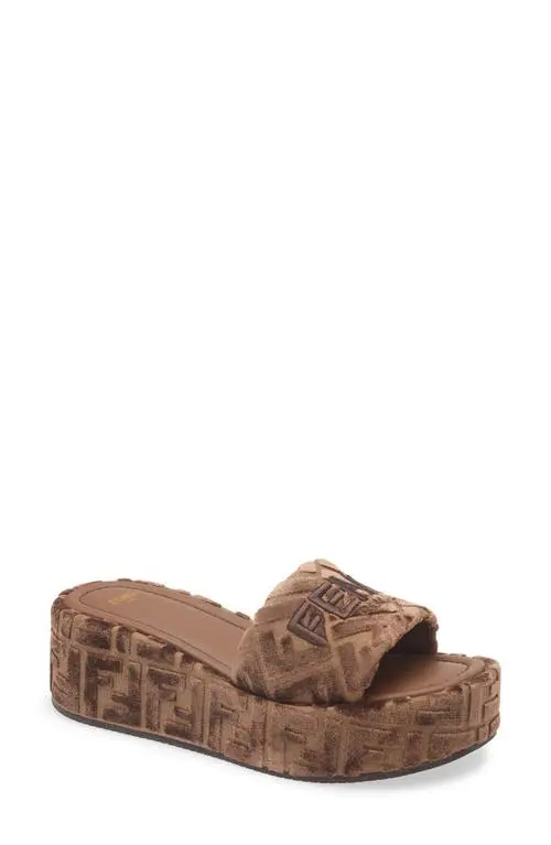 Fendi Sunshine Platform Wedge Slide Sandal - Beige/chocolate