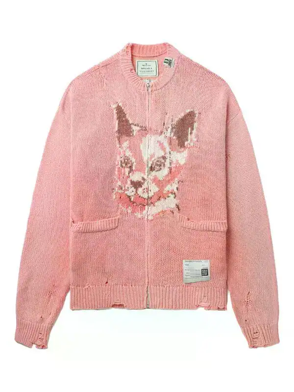 Mihara Yasuhiro Cat-Face Distressed-Knit Cardigan - Pink