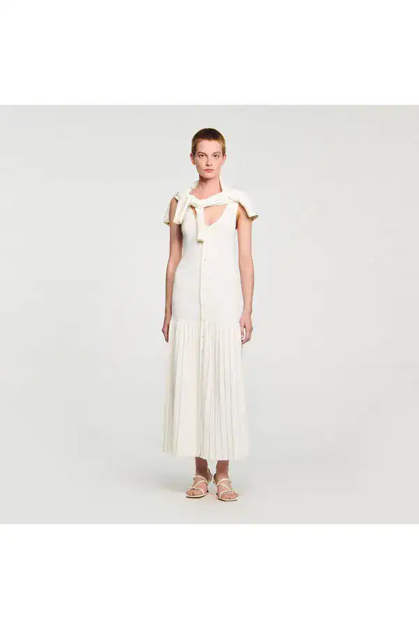 Sandro V-Neck Knit Maxi Dress - Neutral / White - 50% Off | Editorialist