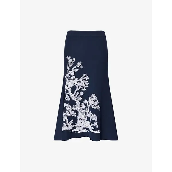 Erdem Tree-print Knitted Midi Skirt - Cyanotype Etching Navy