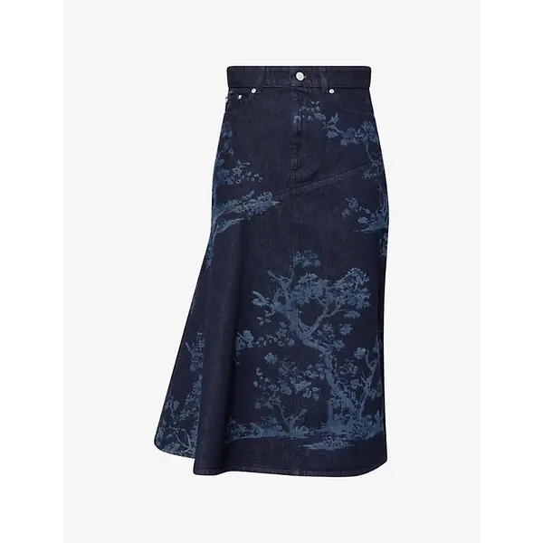 Erdem Tree-print A-line Denim Midi Skirt - Cyanotype Etching Indigo