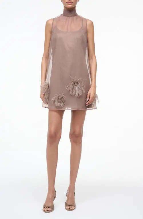 Staud Albee Feather Puff Mini Dress - Truffle