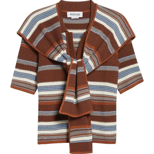Monse Tie Scarf Overlay Stripe Short Sleeve Sweater