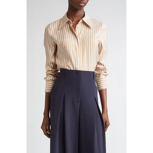 Lafayette 148 New York Striped Silk Button-up Shirt With French Cuffs