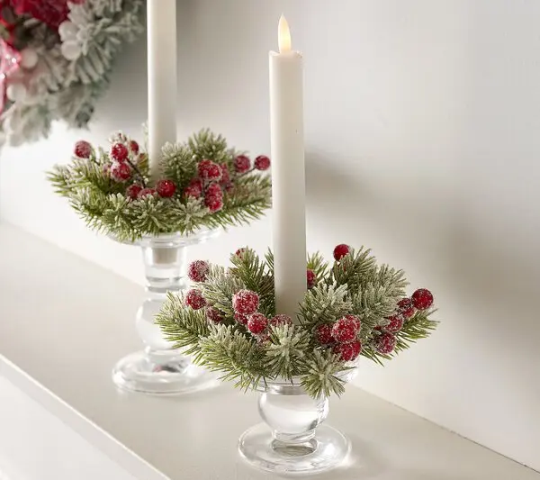 VALERIE PARR HILL Set Of 6 Frosted Berry & Pine Taper Candle Rings Valeri