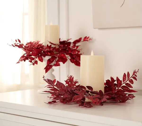 VALERIE PARR HILL Set Of 2 Glittered Leaf Candle Rings