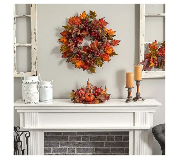 NEARLY NATURAL Pumpkin, Gourd, Berry And Maple Leaf Arrangemen