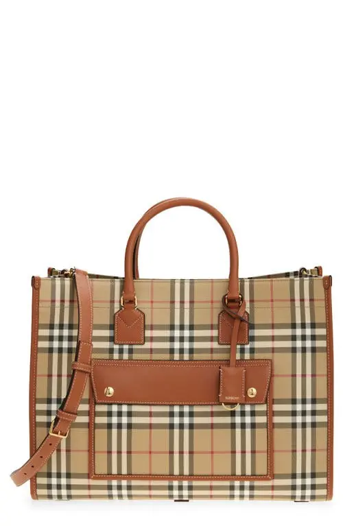 Burberry Medium Freya Check Coated Canvas Tote - Vntg Chk/briar Brown