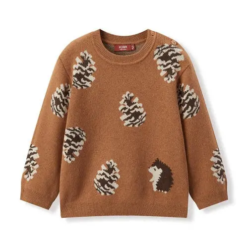 MILKBARN Knitted Birdseye Jacquard Pullover - Pinecone & Hedgehog