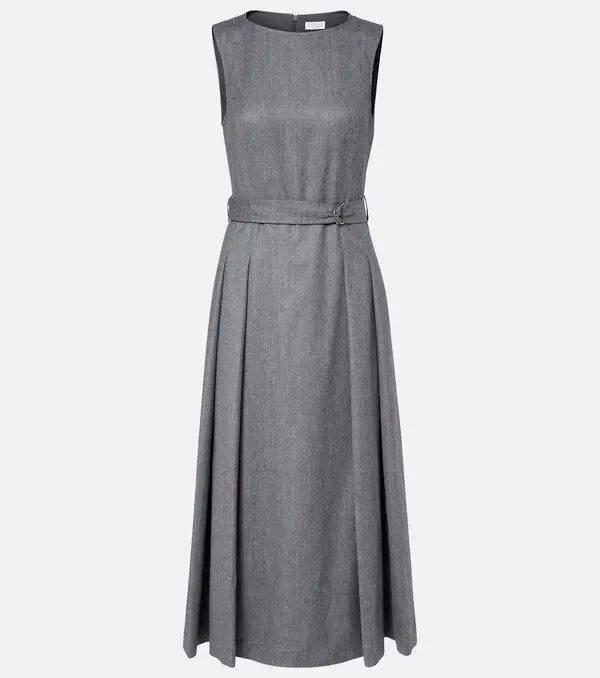 Brunello Cucinelli Belted Virgin Wool Midi Dress - Grey