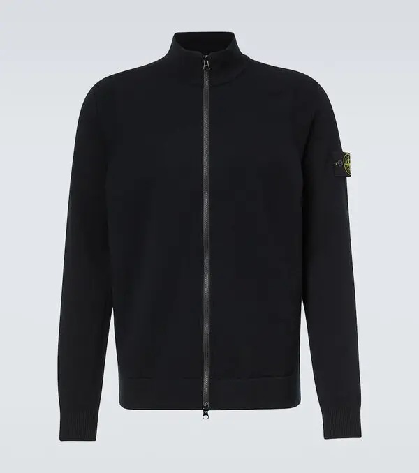 Stone Island Embroidered Wool-blend Cardigan - Black