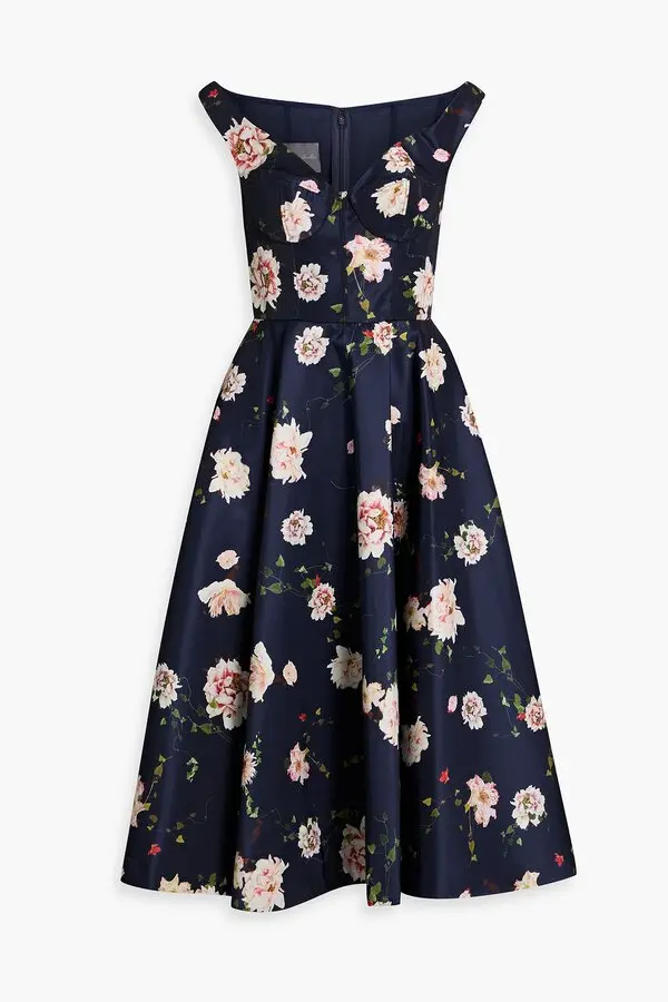 Monique Lhuillier Off-the-shoulder Floral-print Faille Midi Dress