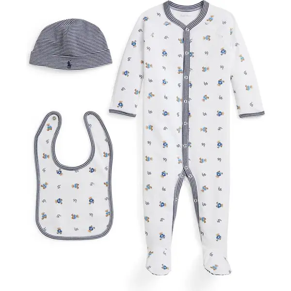 Ralph Lauren Cotton Interlock Footie With Bib And Hat - White Blue Multi