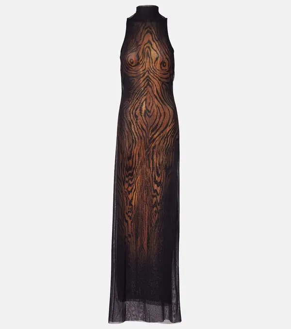 Jean Paul Gaultier Printed Mesh Maxi Dress - Brown