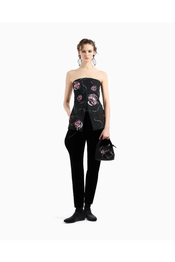 Giorgio Armani Floral Embroidered Bustier Top - Black