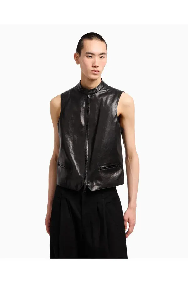 Giorgio Armani Zip-up Plonge Nappa Calfskin Gilet - Black