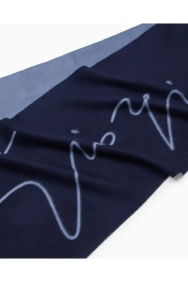 Giorgio Armani Two-tone Wool And Silk Scarf With Signature Logo - Blue