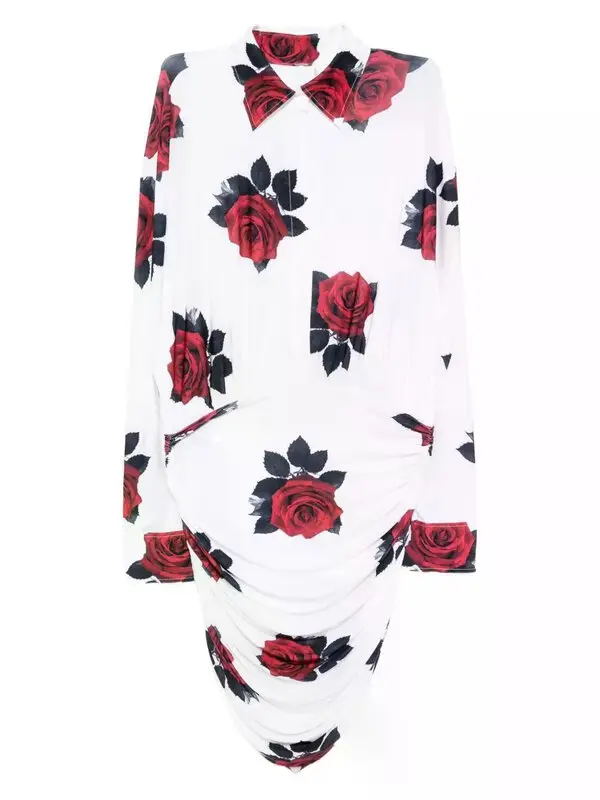 Norma Kamali Shirred Bottom Mini Shirt Dress - White