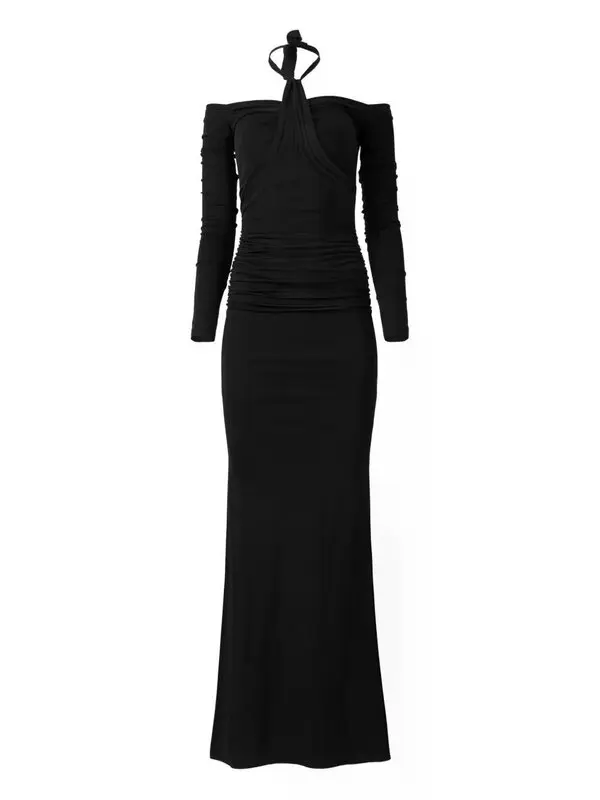 MOOS STUDIO Shadow Spiral Off-shoulder Fishtail Maxi Dress