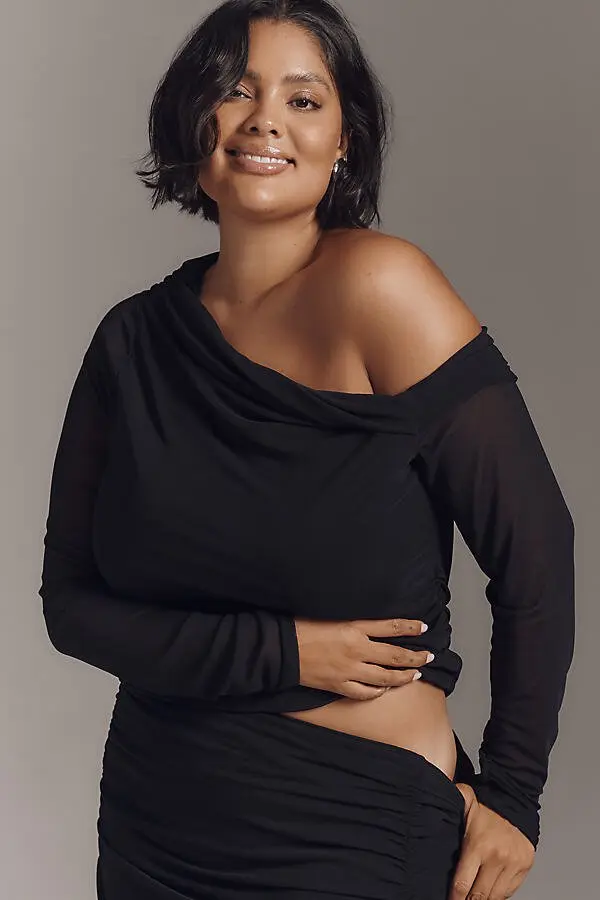 Anthropologie Mesh Asymmetric Top - Black Onyx