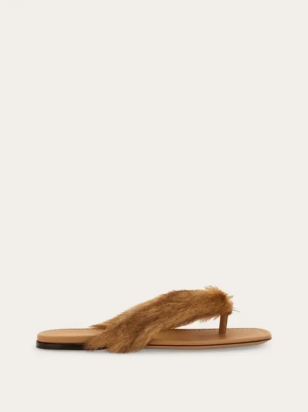 FERRAGAMO Thong Sandal With Fur Detail - Brown