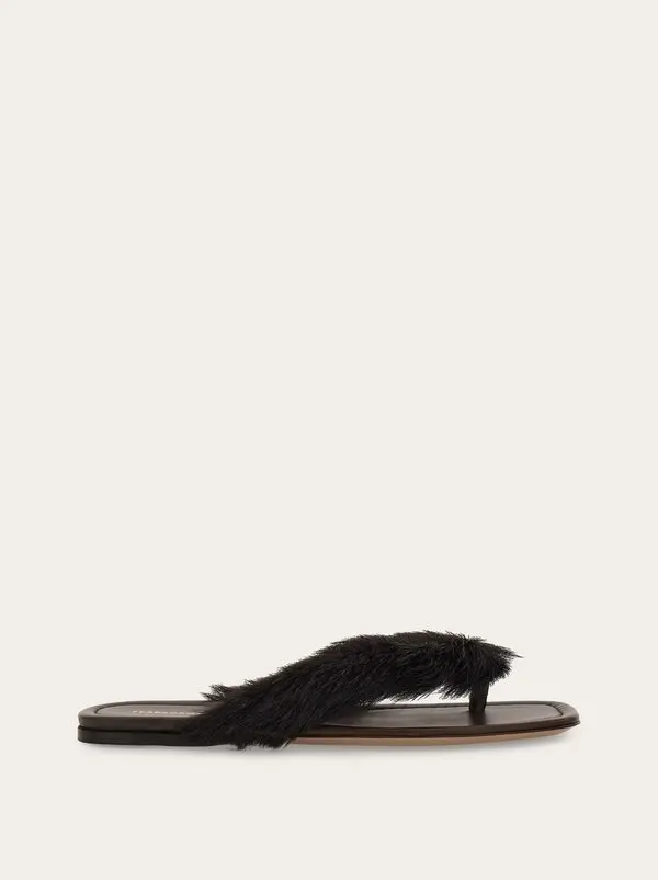 FERRAGAMO Thong Sandal With Fur Detail - Brown