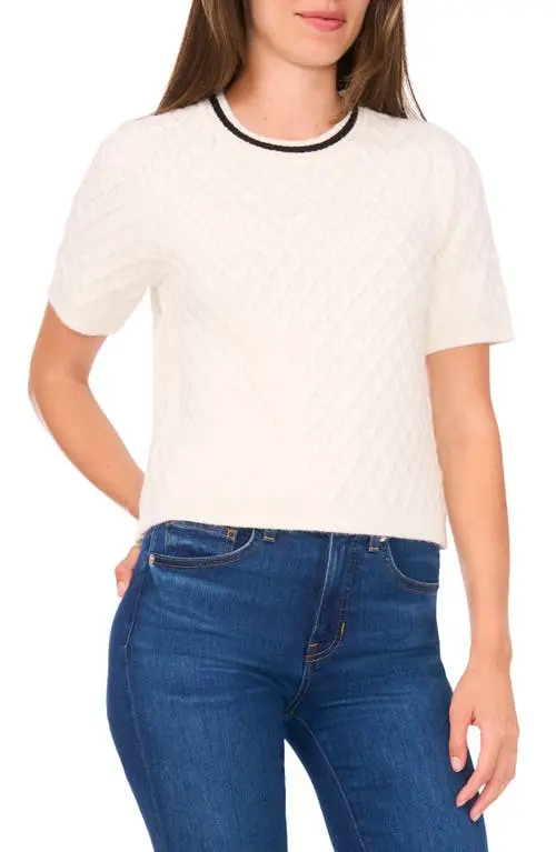 Halogen Diamond Stitch Short Sleeve Sweater - New Ivory