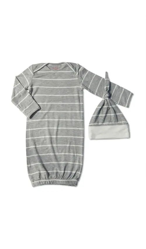 EVERLY GREY Long Sleeve Gown And Knotted Cap Set - Heather Grey Stripe