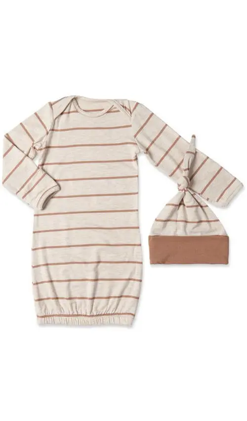 EVERLY GREY Long Sleeve Gown And Knotted Cap Set - Mocha Stripe