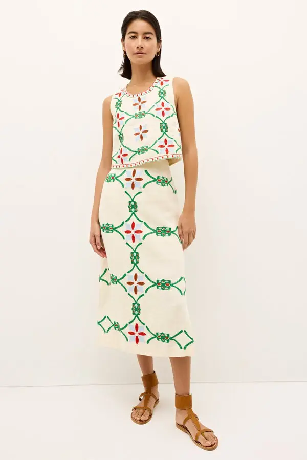 MARIE OLIVER Chandler Embroidered Linen Skirt - Trellis