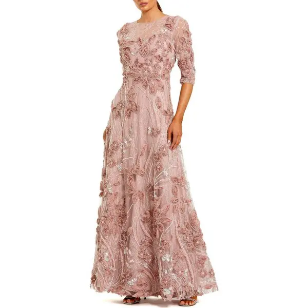 Mac Duggal 3/4 Sleeve High Neck Embroidered A-line Gown - Mocha