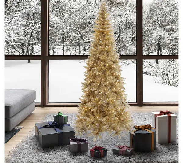 VICKERMAN 6.5' Champagne Tinsel Fir Sl Artifici Al Pre-lit Tree