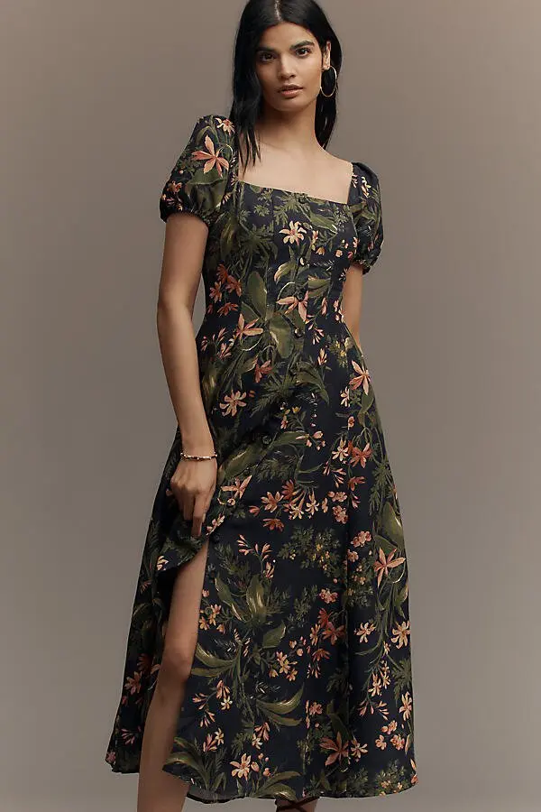 Paige Cap-sleeve Square-neck Midi Dress