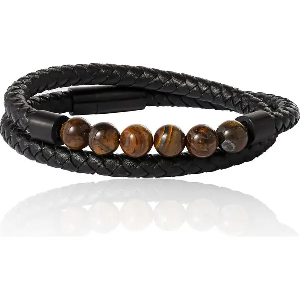 Lucky Brand Tiger's Eye Beaded And Leather Wrap Bracelet - Black, Brown